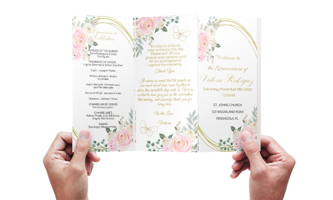 Editable Tri-fold Program Template Quinceañera Invitation Blush Pink ...