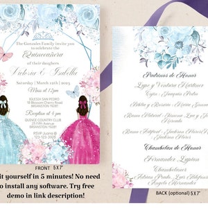 Twins Quinceañera Invitation, DIY Editable Template, Blue Pink Floral ...