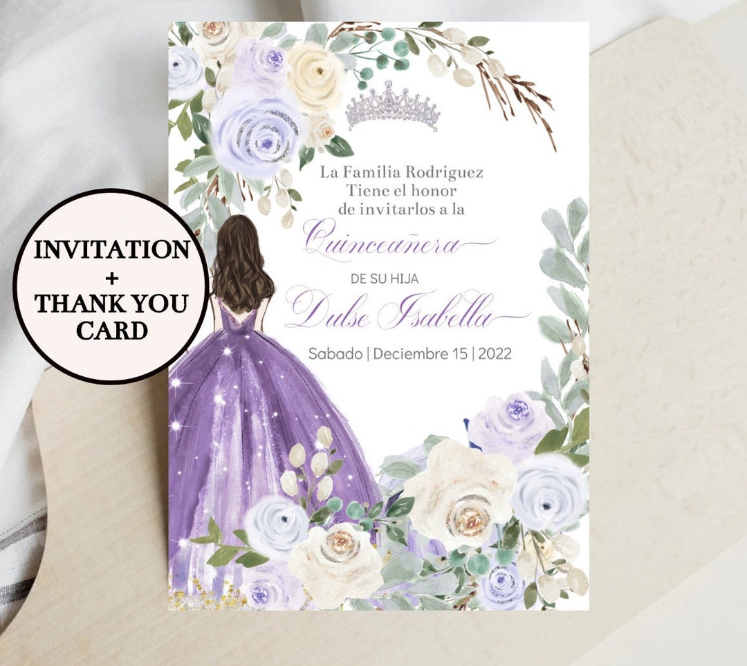 Editable Quinceañera Invitation Lilac Purple Floral Princess Tiara ...