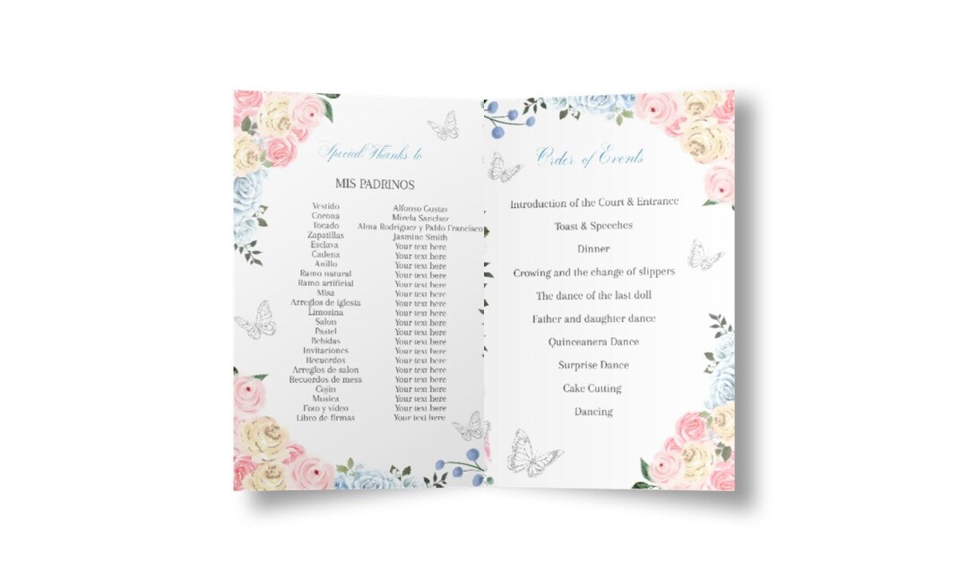 Quinceañera Program Bi Folded, Blue Pink Floral Silver Butterfly ...