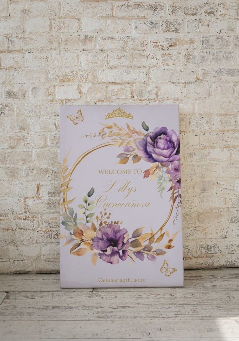 Quinceañera Welcome Sign, Purple Mauve Gold Floral, Tiara, Butterfly ...