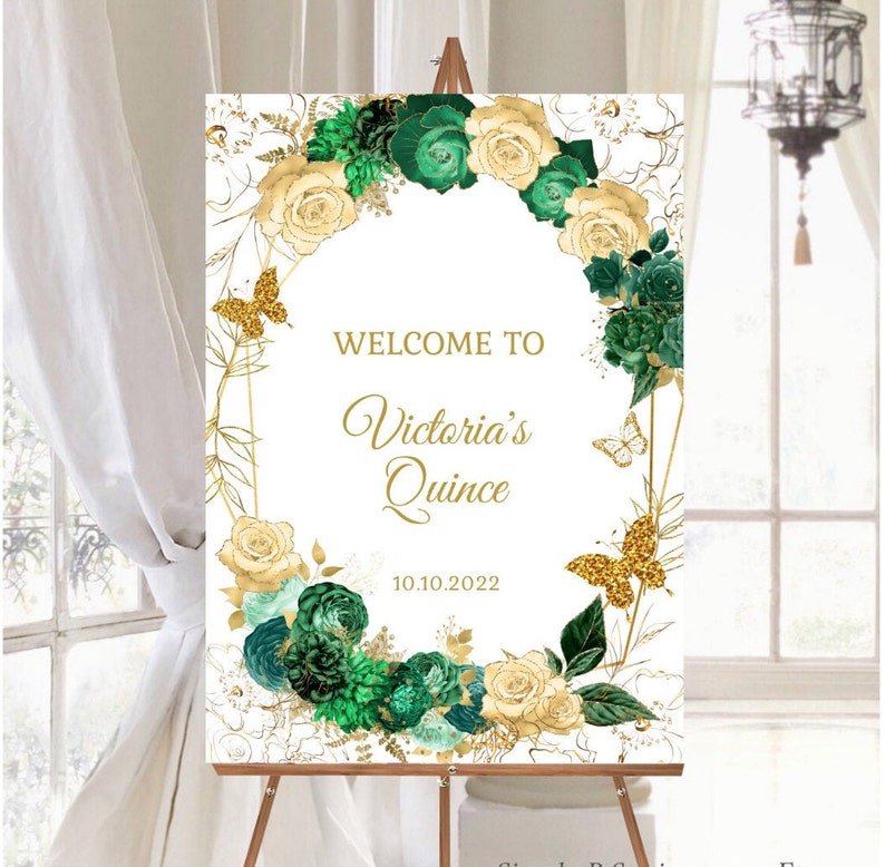 Emerald Green and Gold Floral Welcome Sign, Quinceañera, Sweet 16 ...