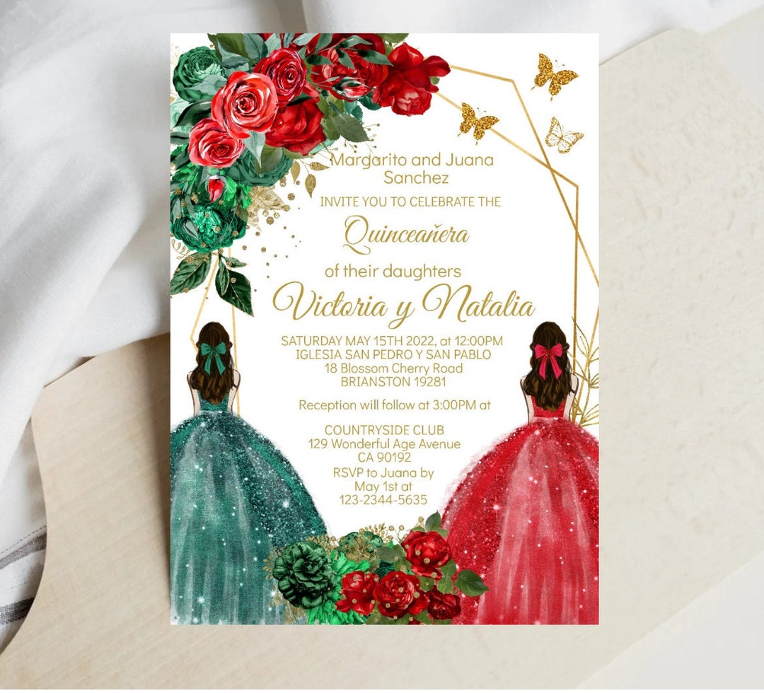 Twins Quinceañera Invitation, Emerald Green Red XV Birthday Party, 15th ...