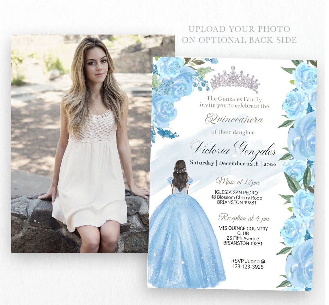 Light Blue Floral Quinceañera Editable Invitation - Etsy