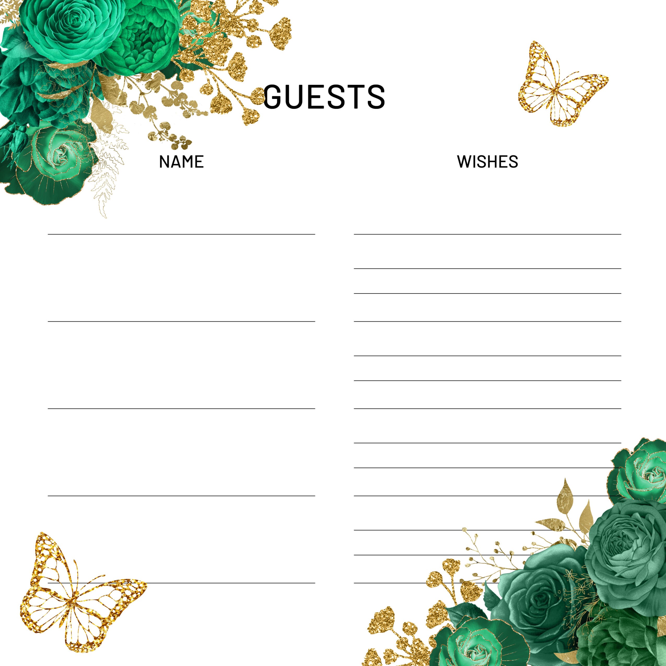 Printable Guestbook for Quinceañera PDF, Emerald Green Floral Gold Mis ...