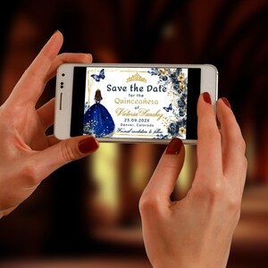 Editable Save the Date Quinceañera, Navy Blue Gold Floral, Sweet 16 ...