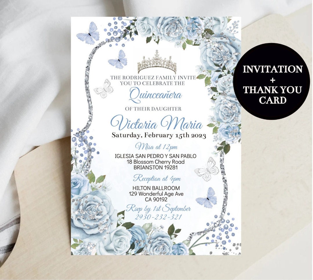 Quinceañera Invitation Editable Template, Baby Blue Floral Silver ...