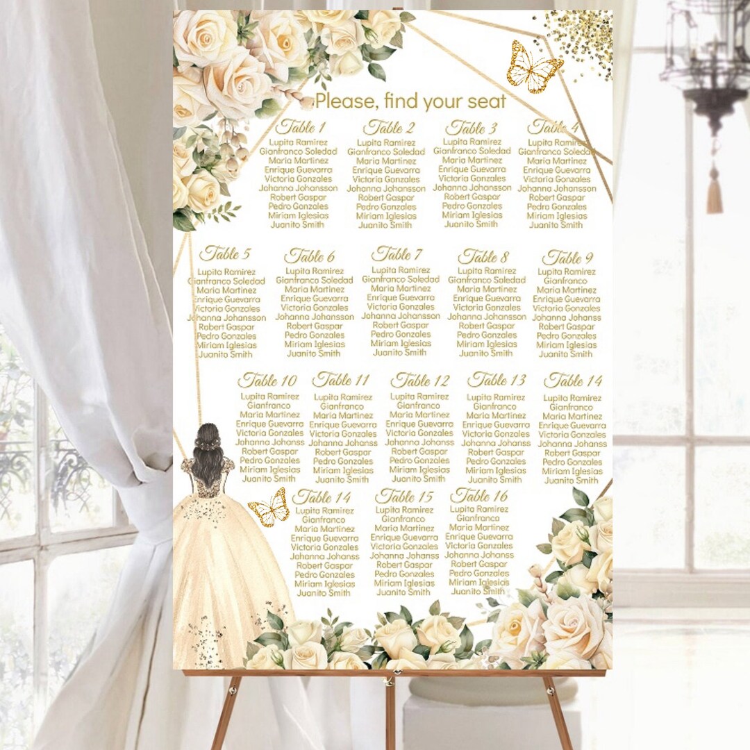 Quinceañera Seating Chart, Table Plan Sweet 16,15th Birthday, Champagne ...