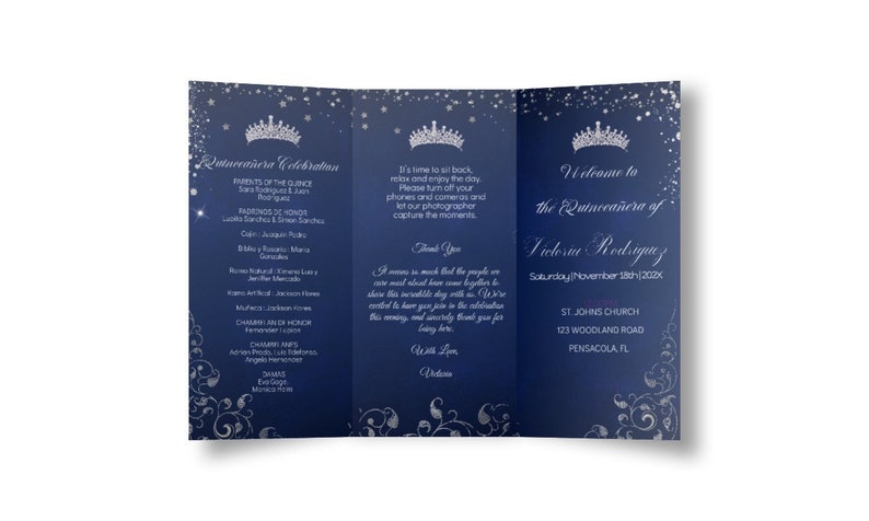 Quinceañera Event Program Template, Navy Blue Silver, Editable Order of ...