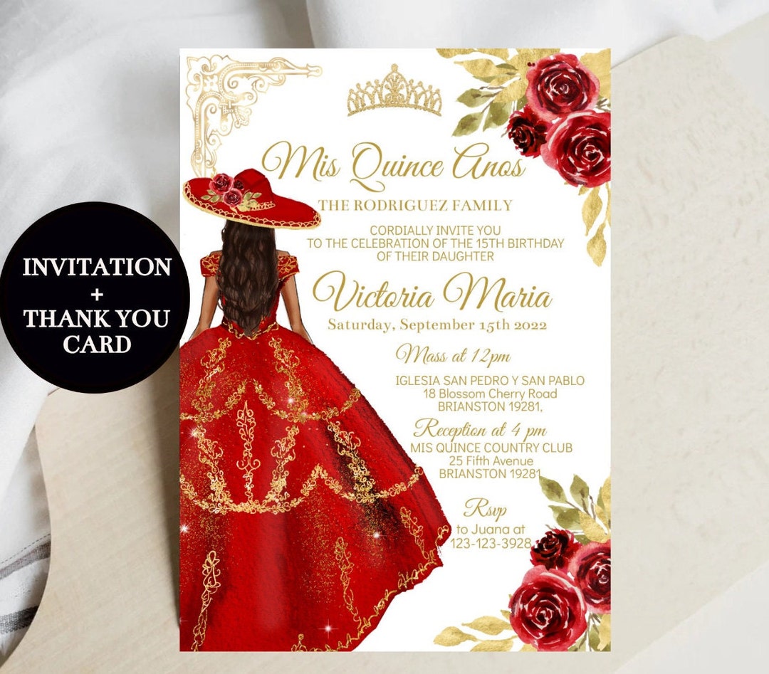 Quinceañera Invitation Red Charro Editable Template Red Gold Floral ...