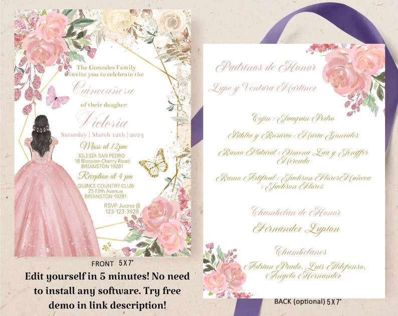 Invitación Quinceañera Oro Rosa DIY Plantilla Editable - Etsy México