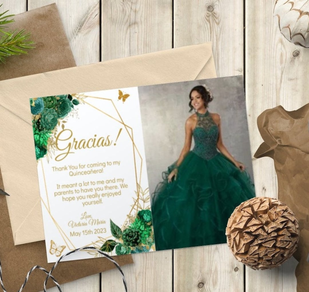 Quinceañera Thank You Card With Photo, Emerald Green Gold, Butterfly ...