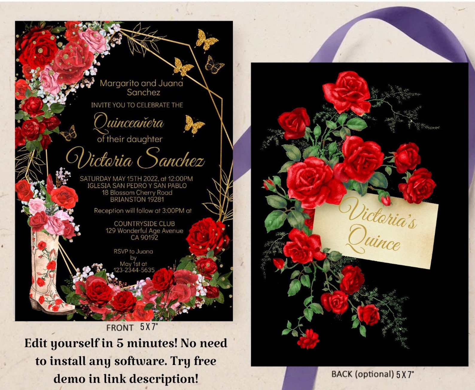 Bundle Quinceañera Invitation DIY Editable Template Red Black - Etsy