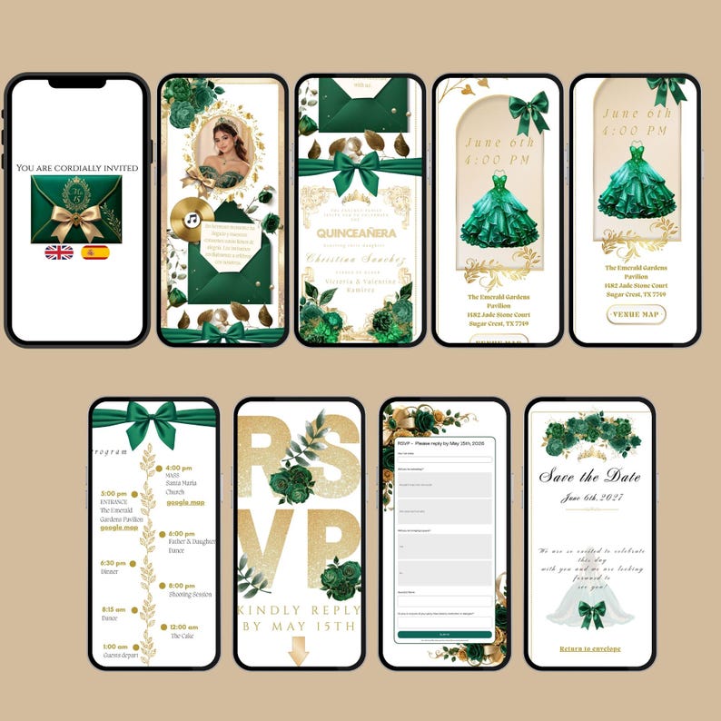 Interactive Quinceañera Website Invitation RSVP, Emerald Green Canva ...
