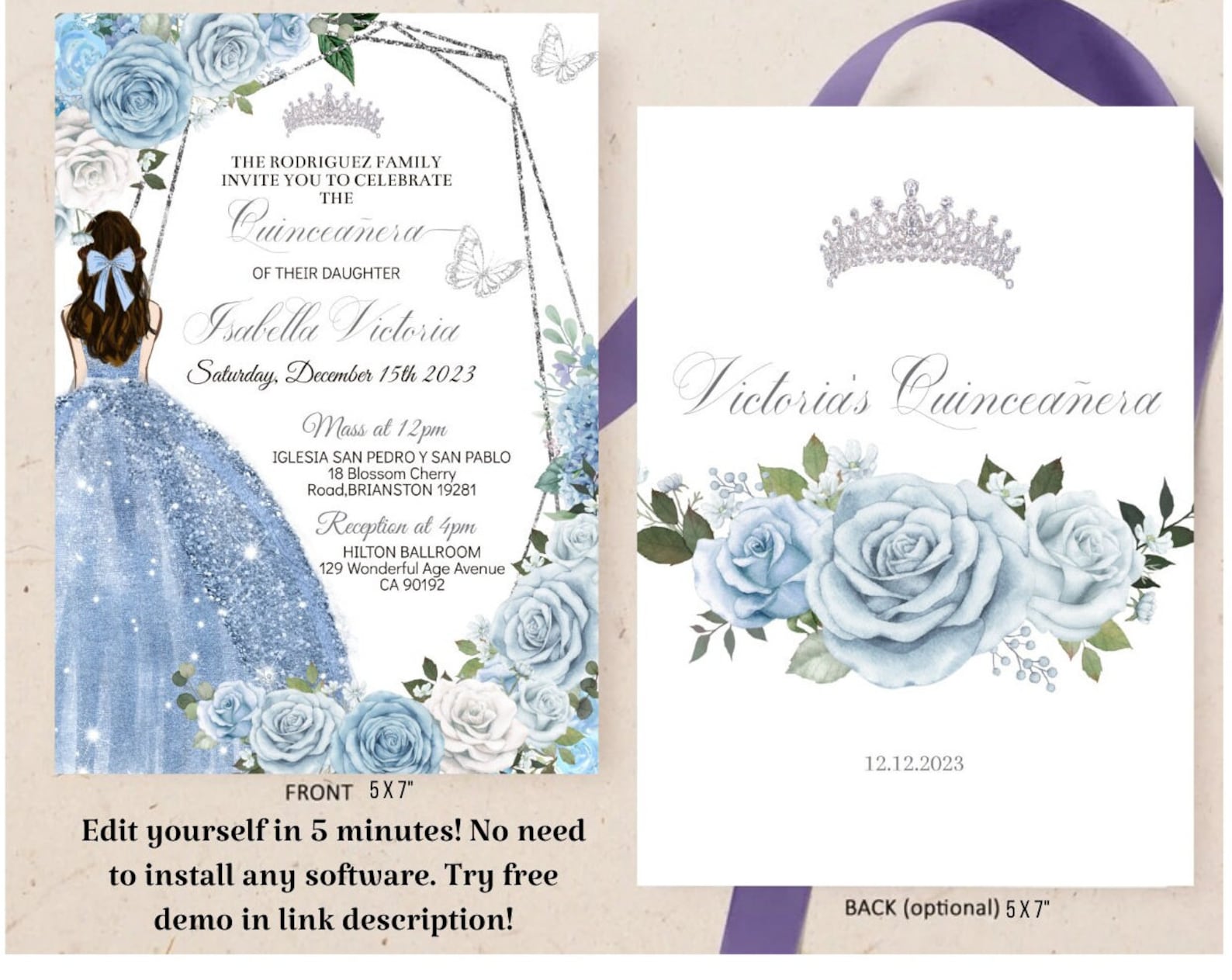 Editable Quinceañera Invitation Dusty Blue Silver Floral, Sweet 16 ...