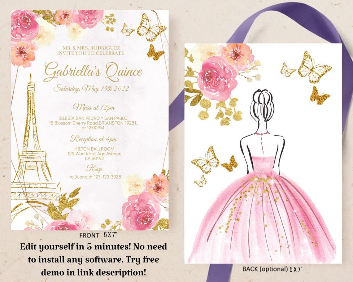 Quinceañera Invitation Paris Eiffel Tower Princess Editable - Etsy