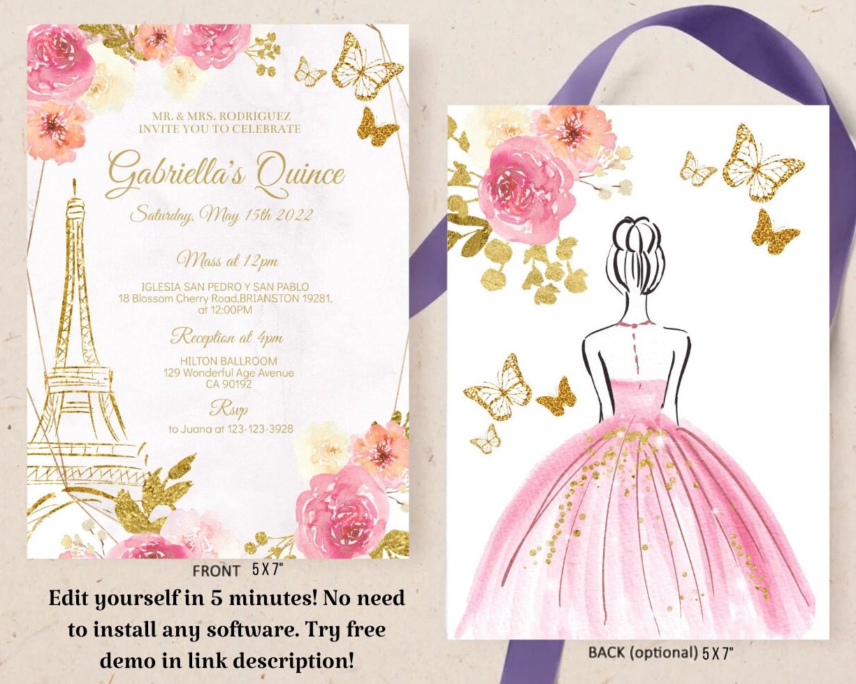 Quinceañera Invitation Paris Eiffel Tower Princess Editable - Etsy