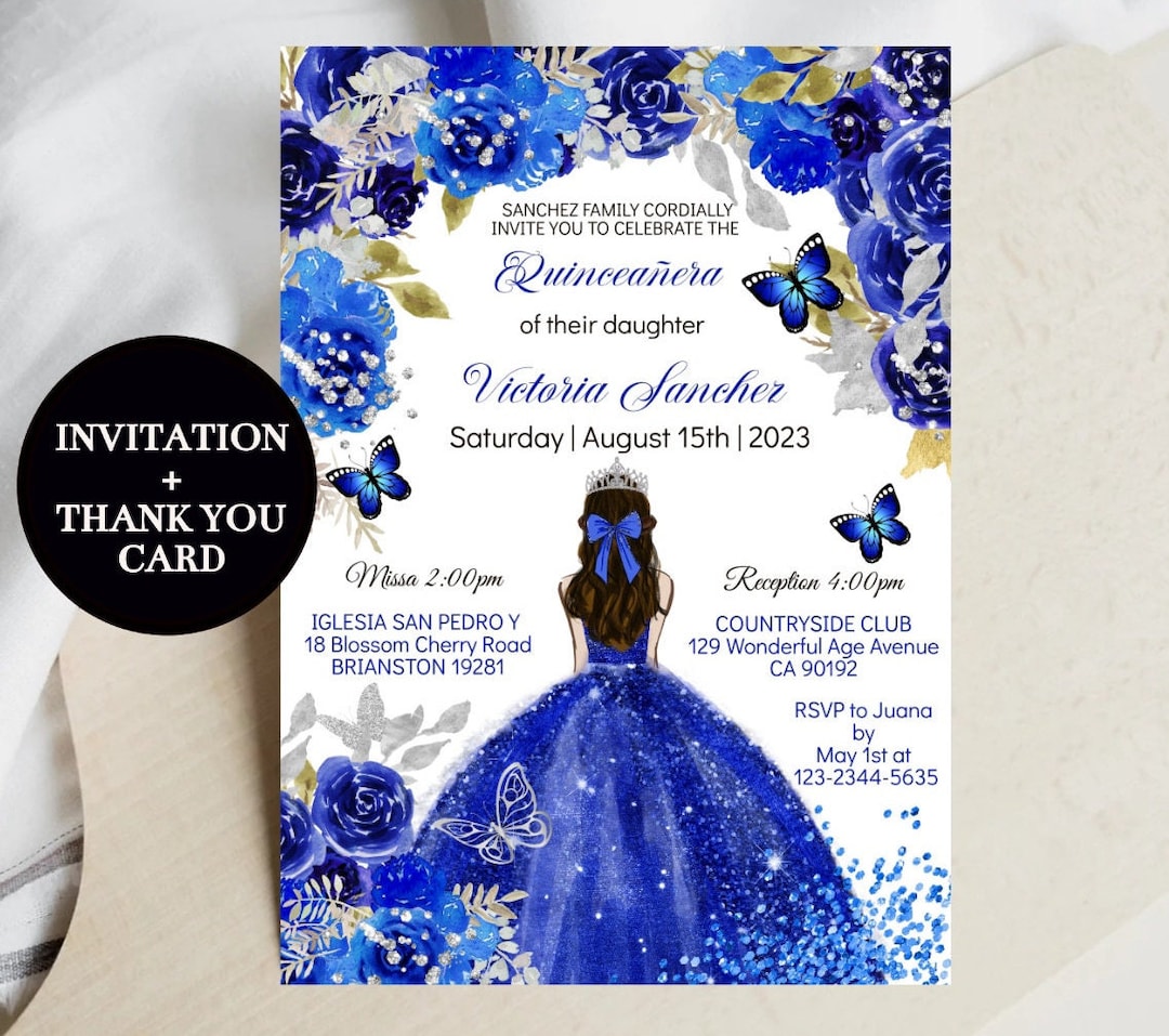 Royal Blue Roses Quinceañera Invitation Editable Template Butterfly ...