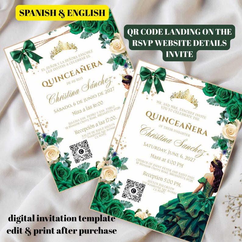 Interactive Quinceañera Website Invitation RSVP, Emerald Green Canva ...