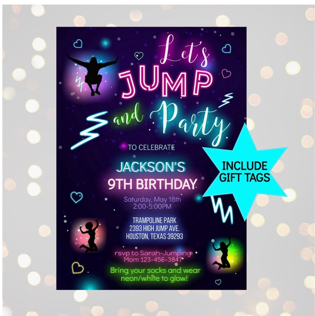 Jump Birthday Invitation, Gift Favor Tags, Editable Template, Bounce ...