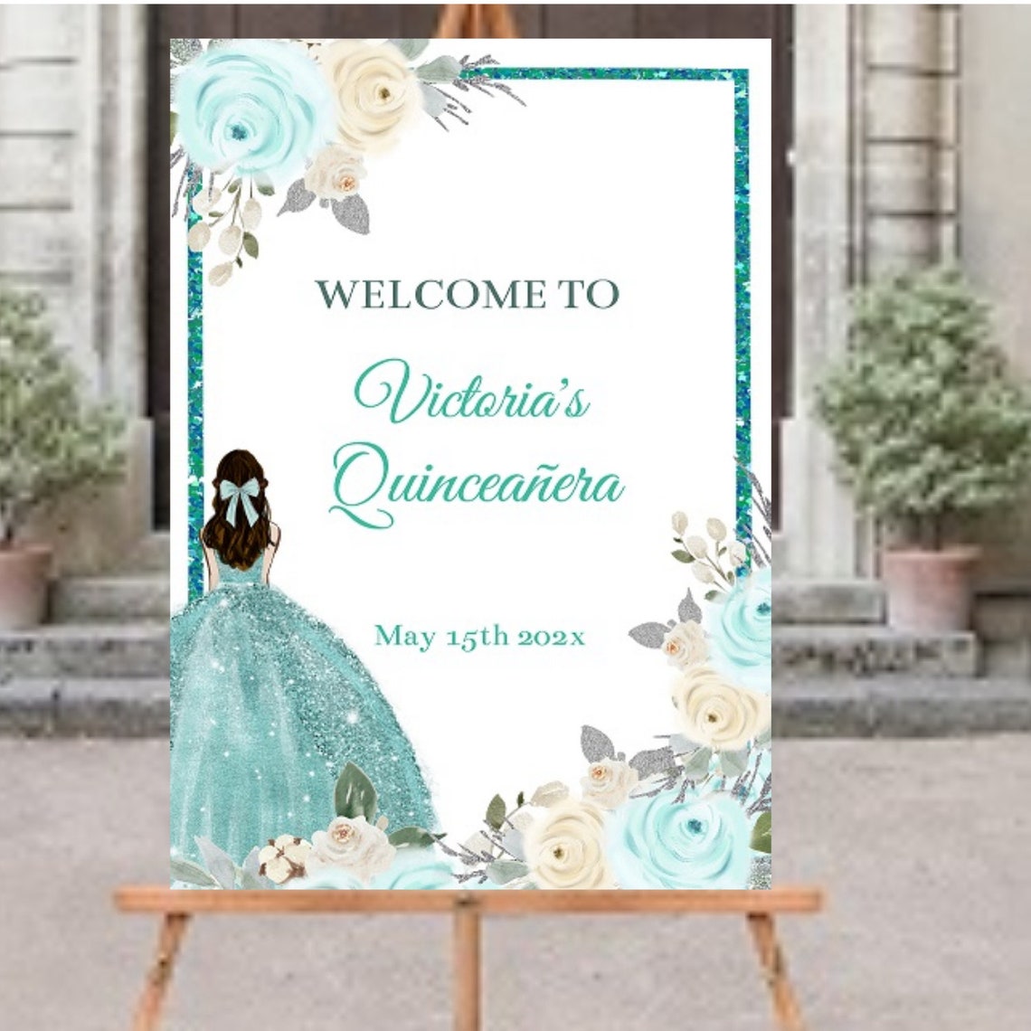 Quinceañera Welcome Sign, Baby Blue Tale Floral, Digital Poster ...