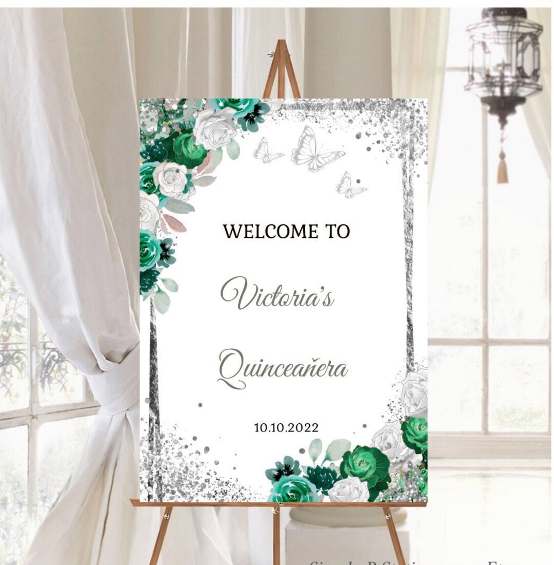 DIY Editable Welcome Sign Emerald Green Silver Butterfly Floral ...