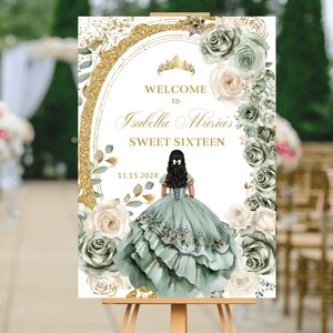 Sage Green Welcome Sign Quinceañera, Sage Roses, Princess Crown, XV ...