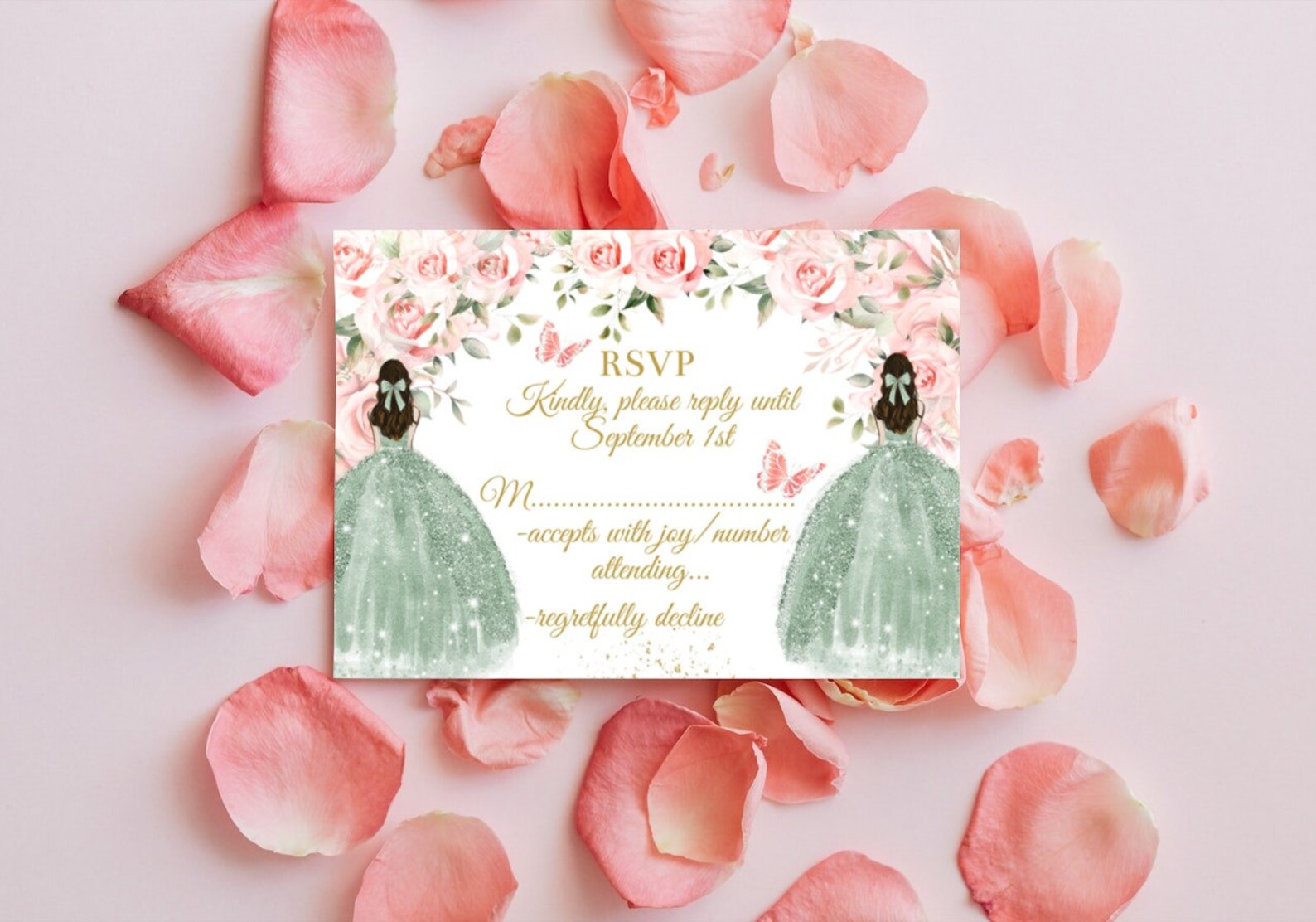 Twins Quinceañera Invitation, Pink Sage Green Floral, Princess 15th ...