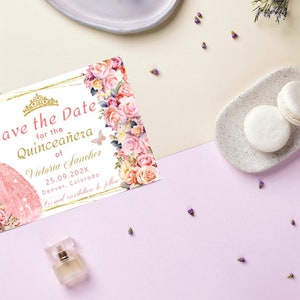Pink Floral Quinceañera Save the Date, DIY Editable Template (digital ...