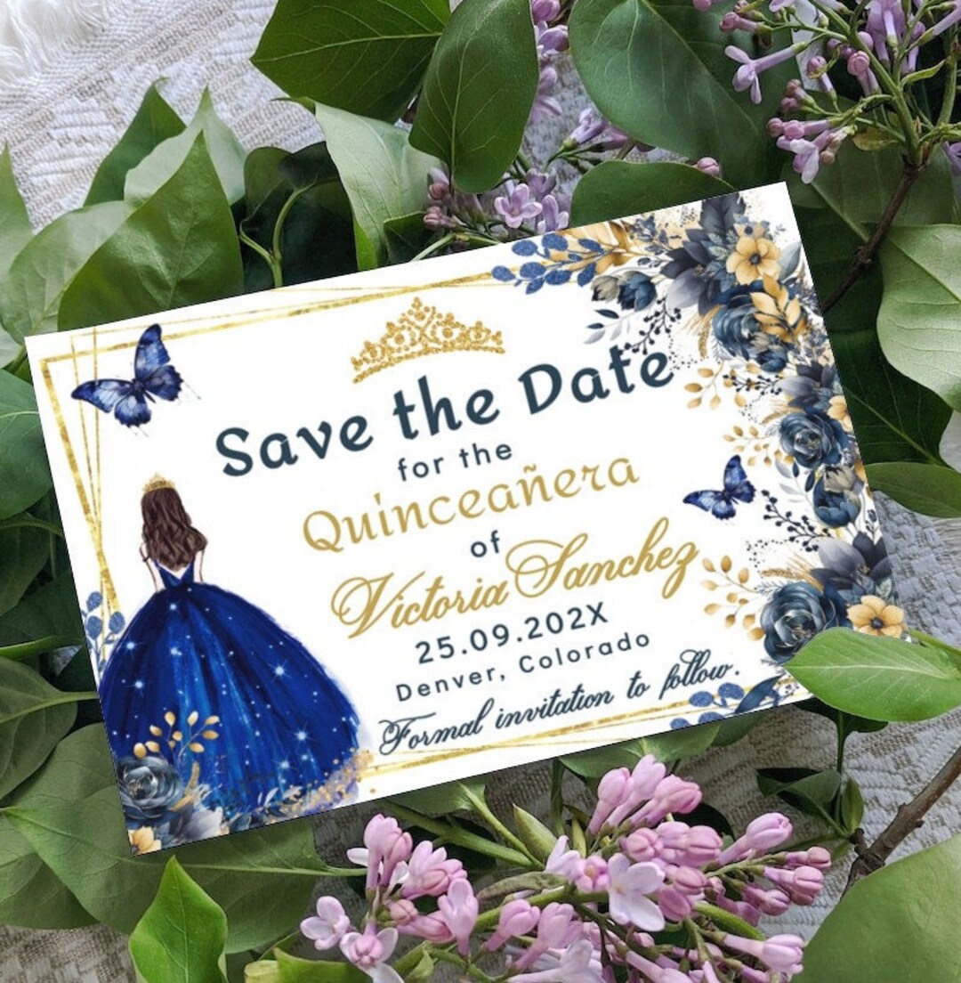 Editable Save the Date Quinceañera, Navy Blue Gold Floral, Sweet 16 ...