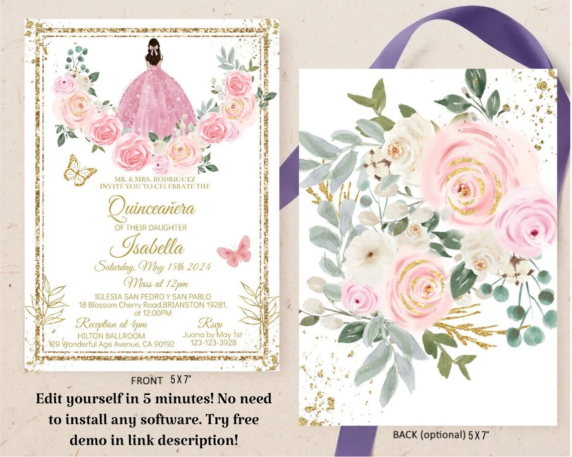 Blush Pink Floral Quinceañera Invitation, DIY Editable Template, Mis XV ...