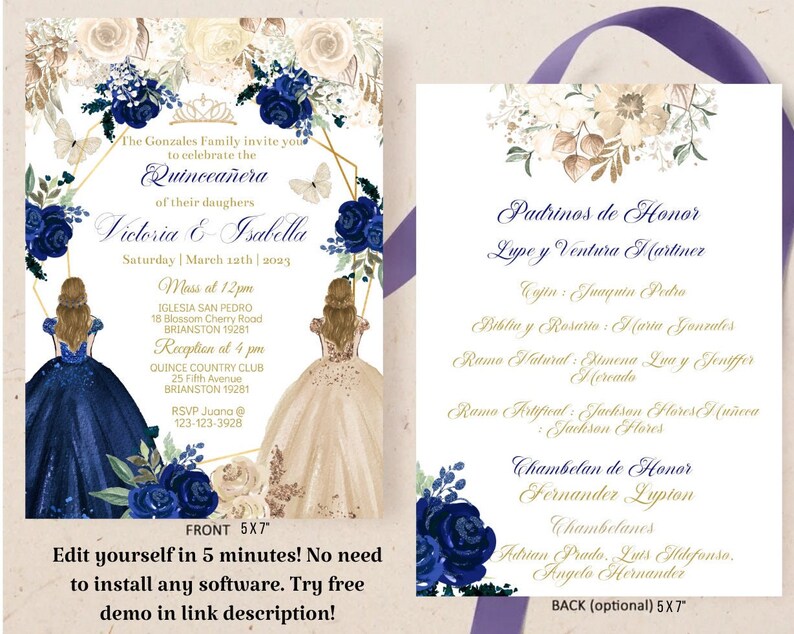 Twins Quinceañera Invitation Mis XV Quince Anos DIY Editable - Etsy