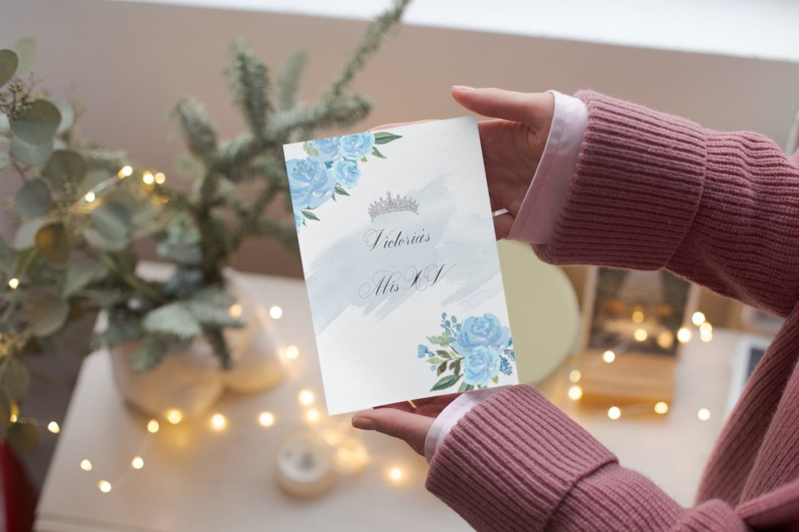 Light Blue Floral Quinceañera Editable Invitation, Princesstiara, Mis ...