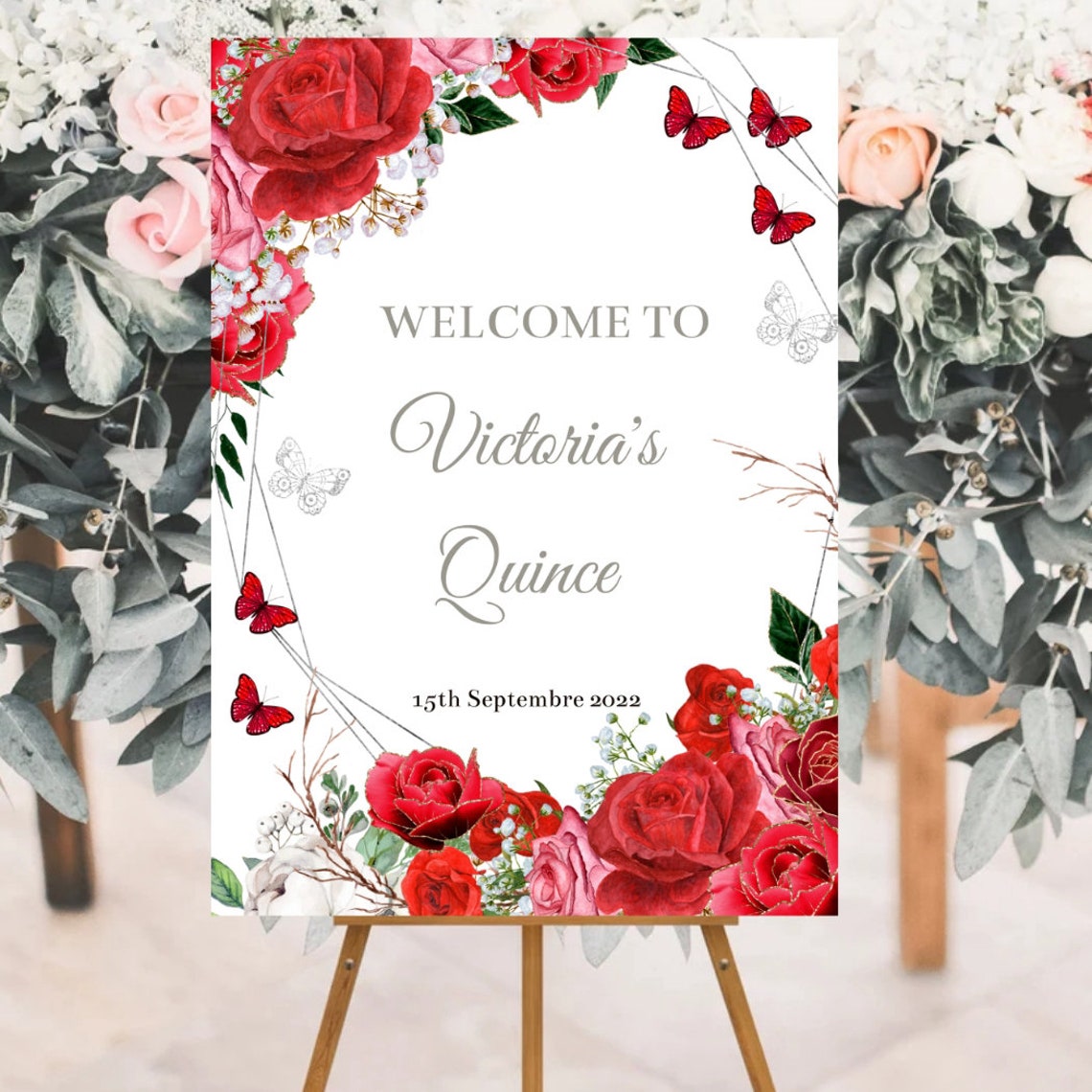 Quinceanera Invitation Red Silver Roses Floral Butterfly | Etsy