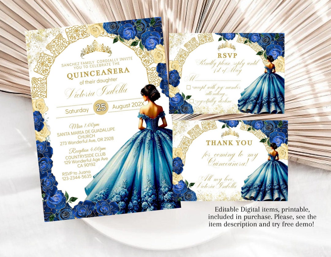 Quinceañera Invitation Royal Blue Dress, Gold Crown Mis XV Quince DIY ...
