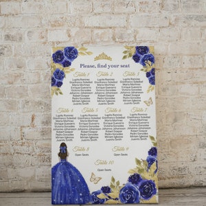 Seating Chart Quinceañera, Sweet 16, Royal Blue Floral Gold EDITABLE ...