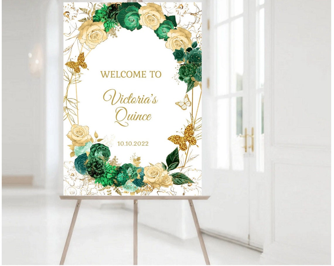 Editable Welcome Sign, Emerald Green Gold Welcome Guest Poster ...
