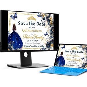 Editable Save the Date Quinceañera, Navy Blue Gold Floral, Sweet 16 ...