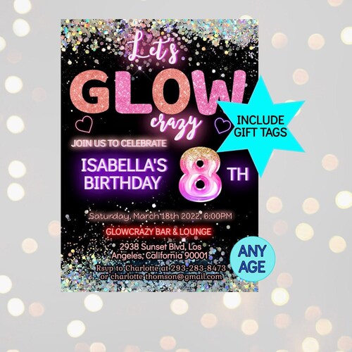 Glow Birthday Invitation Neon Party Invite Let's Glow - Etsy