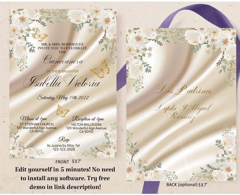 Editable Invitation Quinceañera, White Floral With Butterfly, Mis XV ...