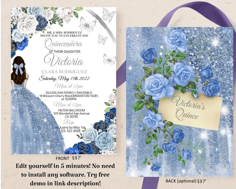 Quinceañera Invitation DIY Editable Baby Blue Floral - Etsy