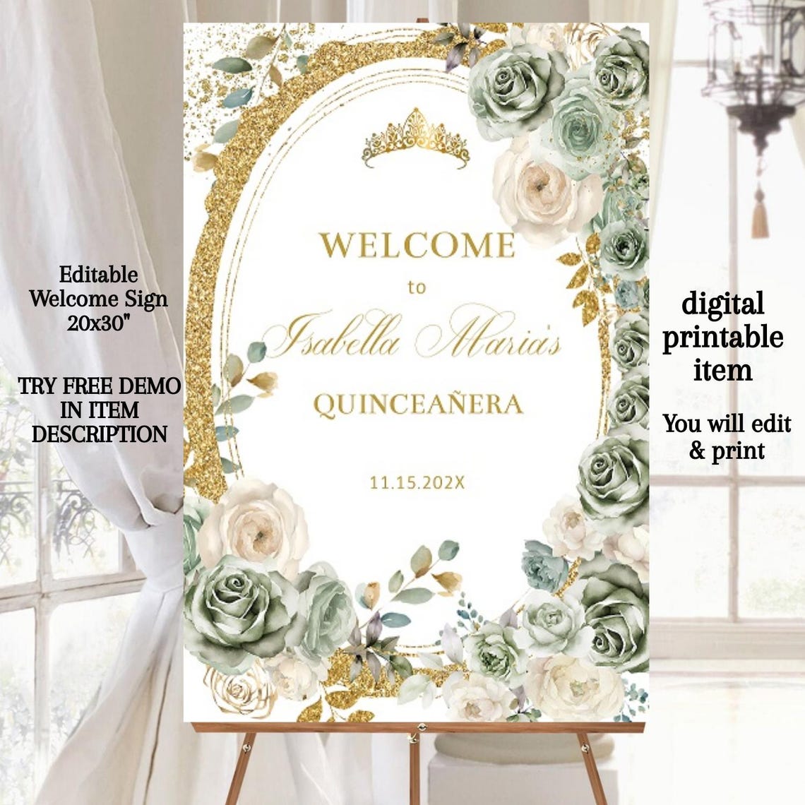 Sage Green Welcome Sign Quinceañera, Sage Roses, XV Crown Floral ...