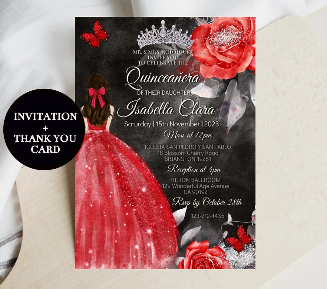 Quinceañera Invitation Editable Template, Red Black Silver Princess ...