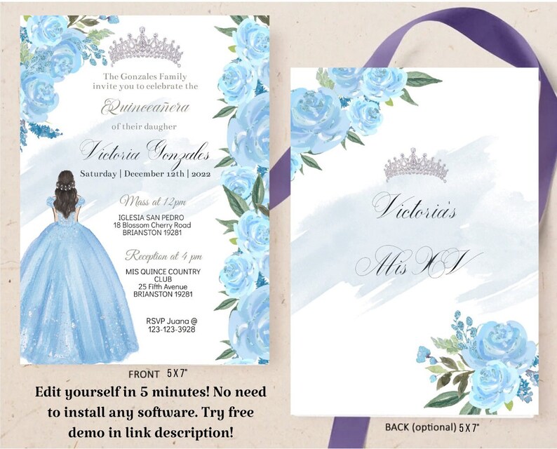 Light Blue Floral Quinceañera Editable Invitation, Princesstiara, Mis ...