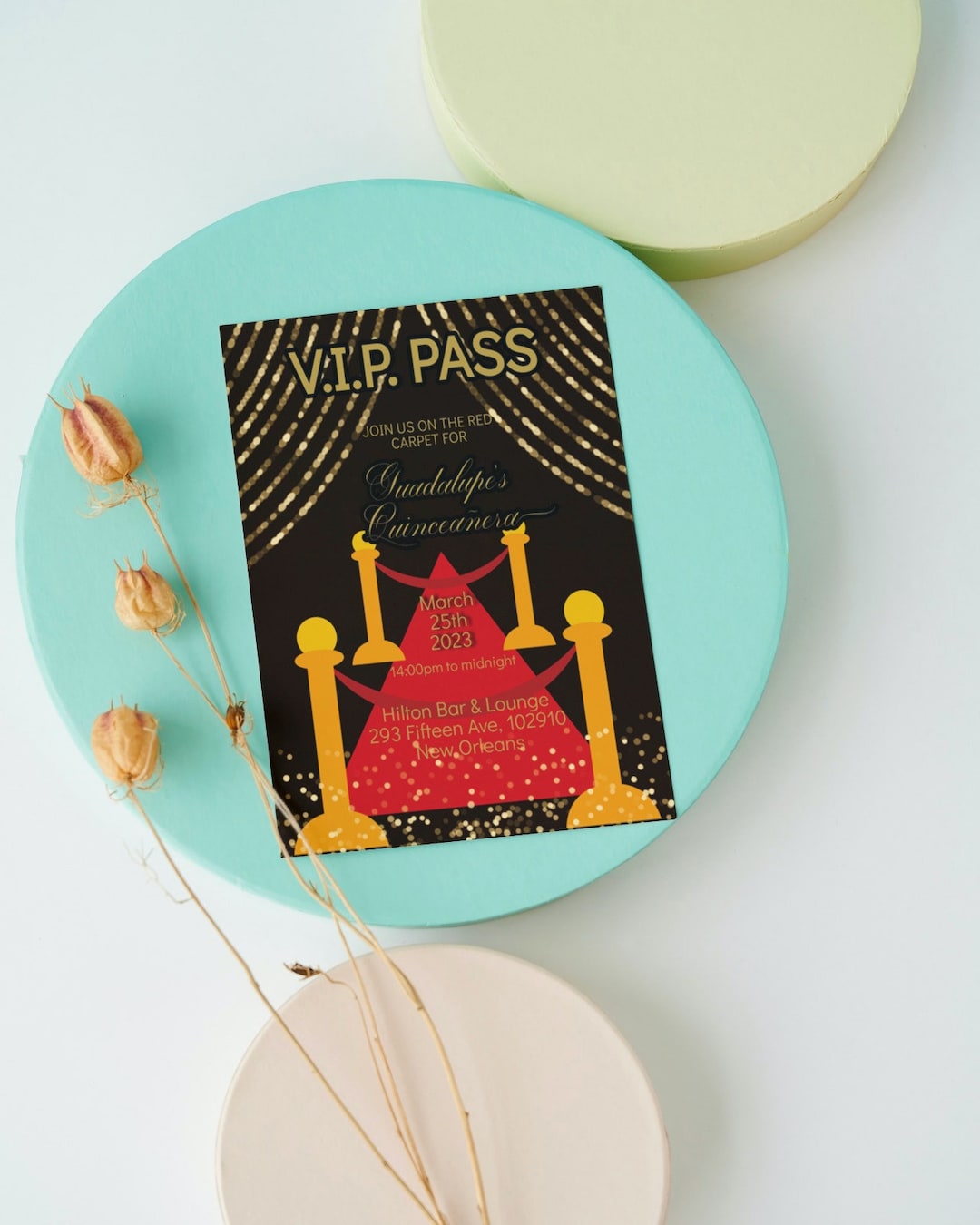 Quinceañera VIP Ticket Pass Invitation, Red Carper Oscar Star Mis XV ...