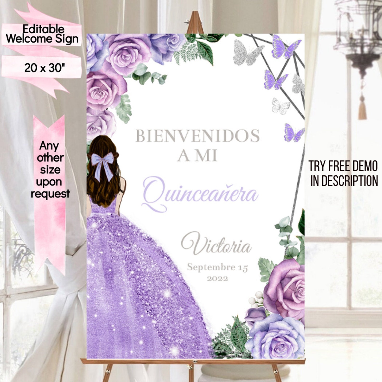 Quinceañera Invitation Purple Rose Silver, Princess Butterfly, Spanish ...