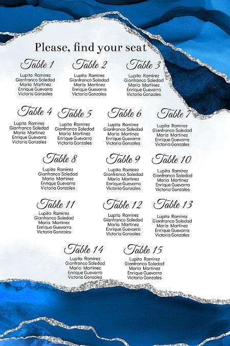Royal Blue Birthday Seating Chart, Editable Template (digital Poster ...