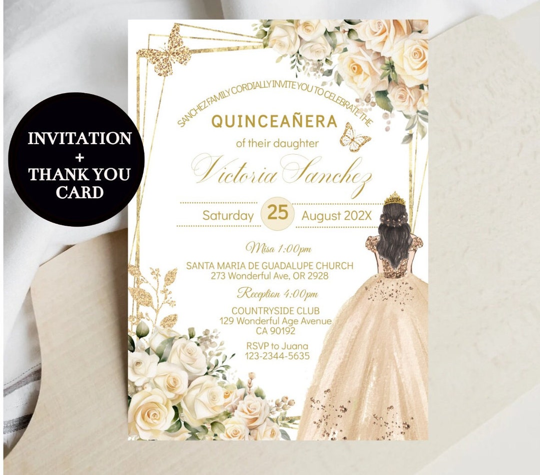 Quinceañera Invitation Cream Ivory Gold Floral Princess Butterfly ...