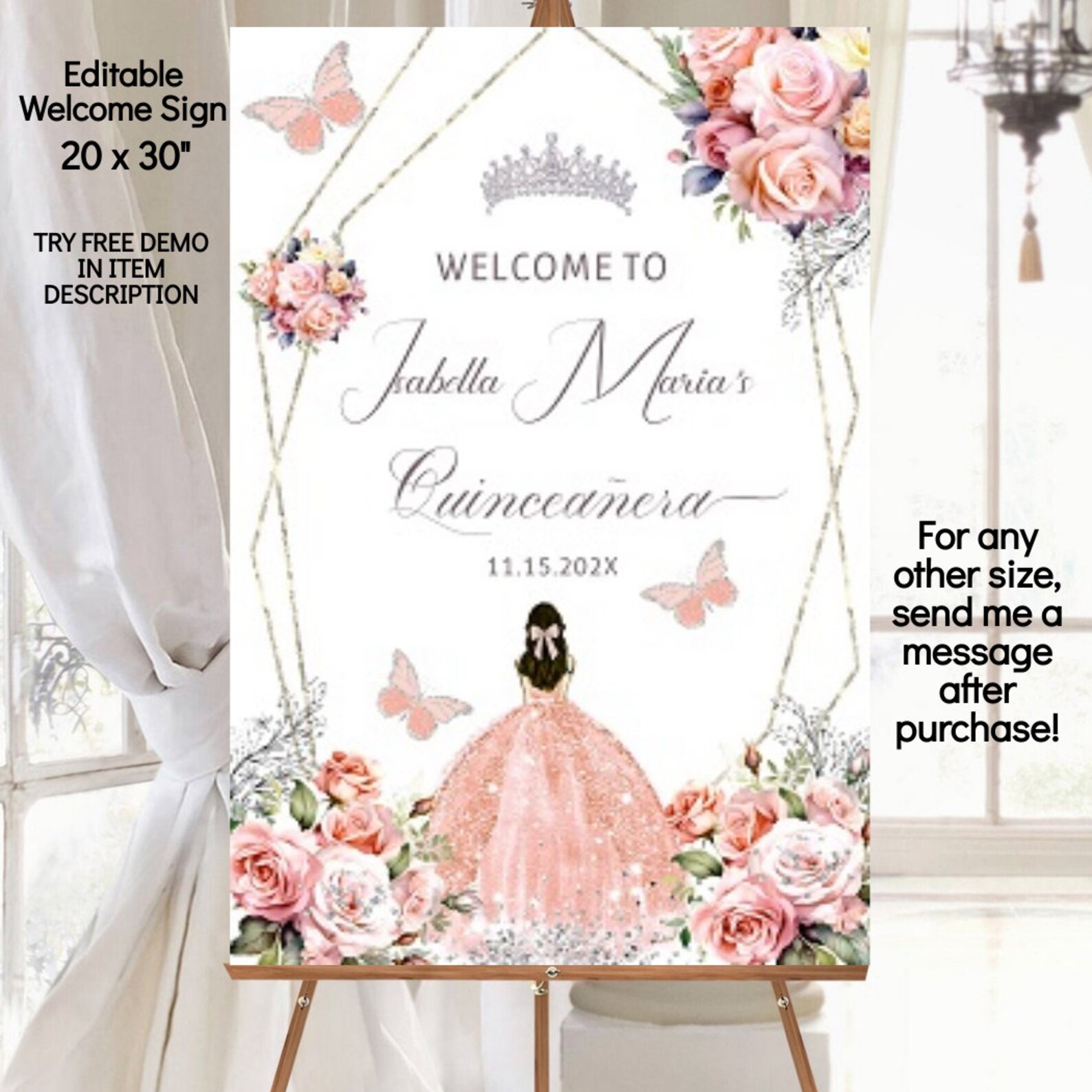 Welcome Sign Quinceañera or Sweet 16, Princess Blush Pink Silver, Tiara ...