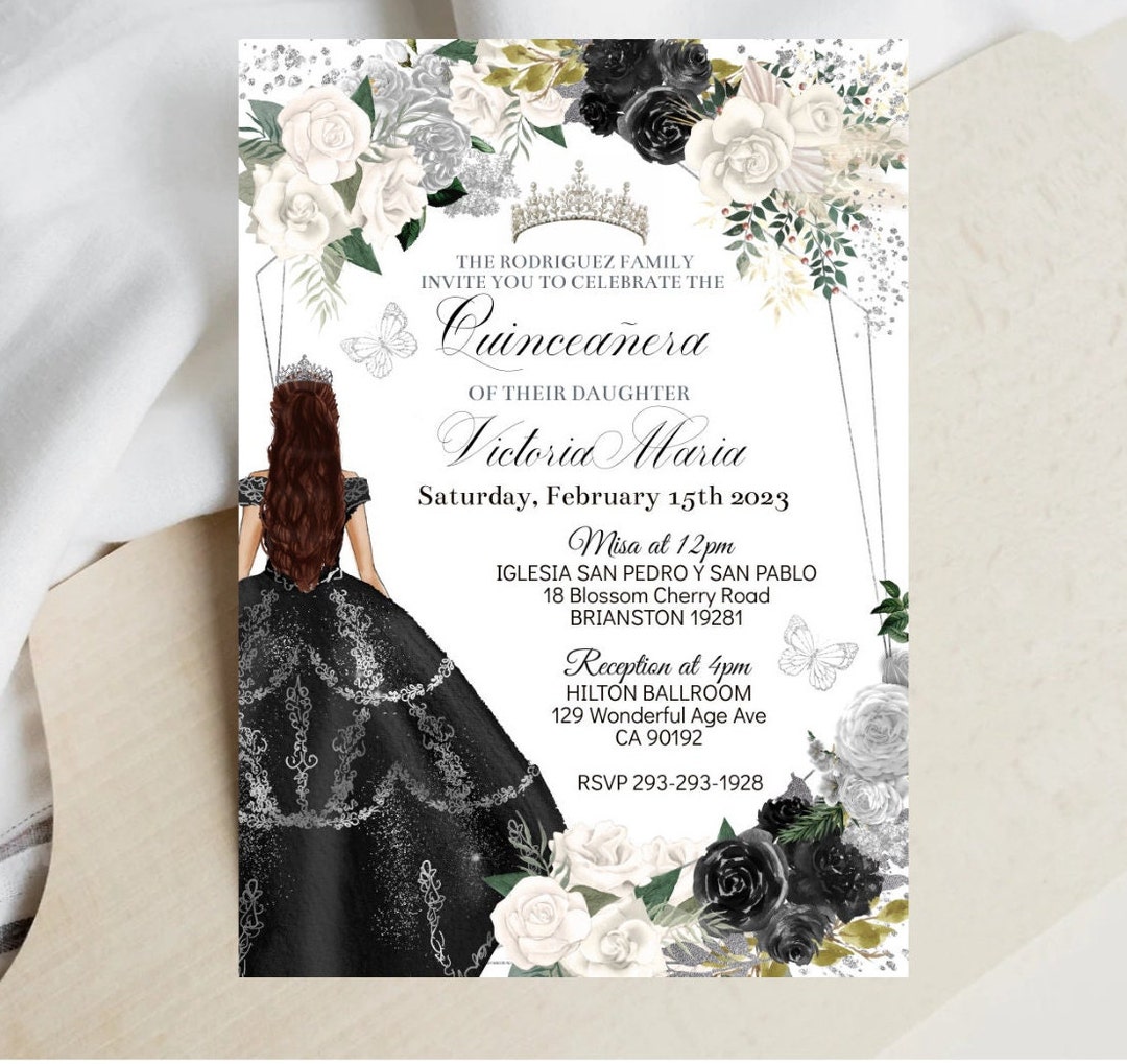 Quinceañera Invitation Black White Silver Floral, Editable Template ...